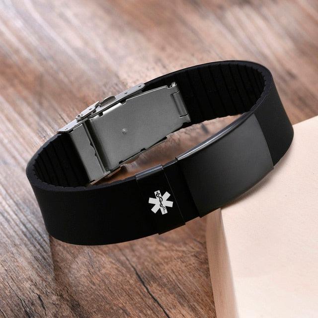 Personalised Black Silicone Medical Alert ID Bracelet – Black Bar - Auswara